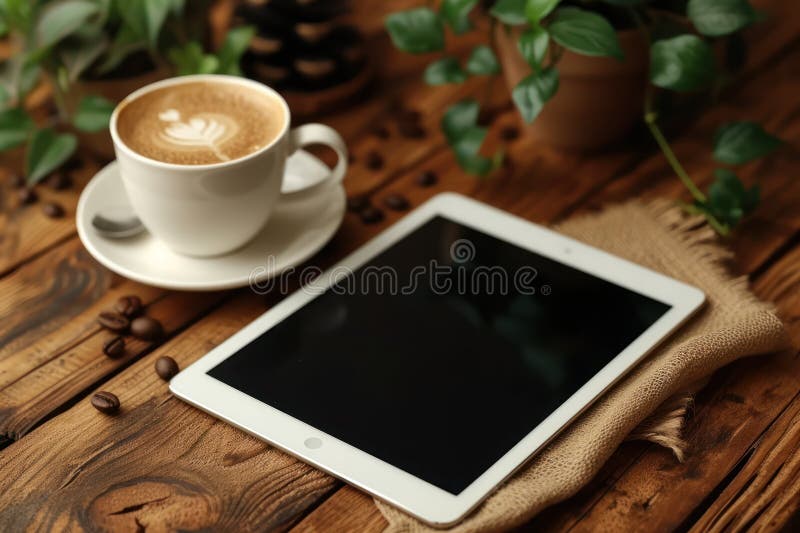 Tablet Computer and Coffee Cup on Wooden Table Stock Illustration ...