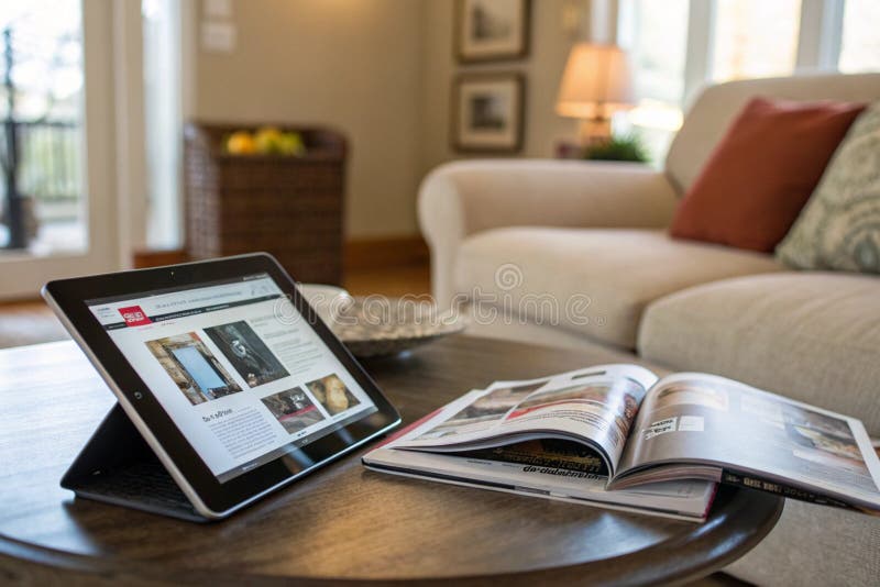 Tablet Computer on Coffee Table Stock Image - Image of space ...