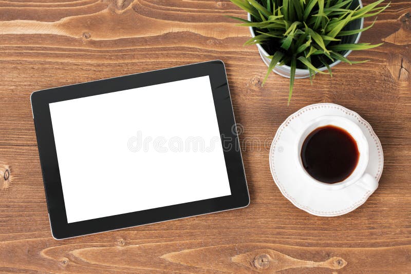 Tablet Computer and Coffee on Wooden Background Stock Image - Image of ...