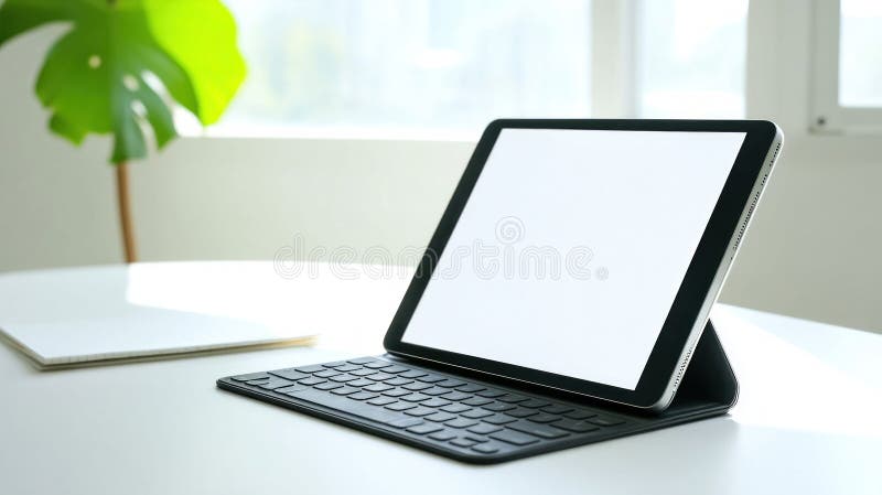 A Tablet Computer with a Connected Keyboard Sits on a White Desk in ...