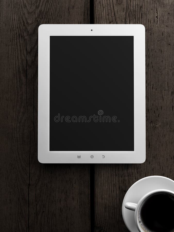 Tablet Computer and Cup of Tea on Wooden Table Stock Photo - Image of ...