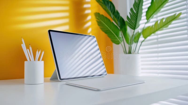 A Tablet Computer on a Desk with Pencils and Plants, AI Stock Photo ...