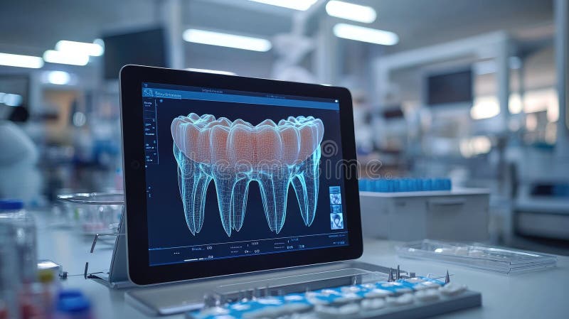 A Tablet Computer Displays a 3D Model of Teeth in a Dental Lab Stock ...