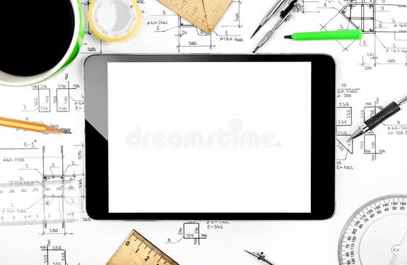 Tablet Computer and Engineering Plan Stock Photo - Image of ...
