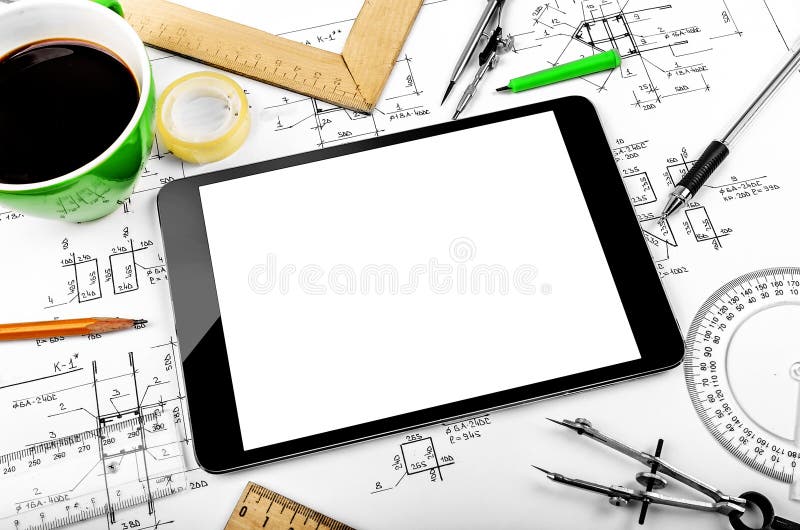 Tablet Computer And Engineering Plan Stock Image - Image of meeting ...