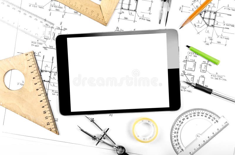 Tablet Computer and Engineering Plan Stock Image - Image of ...