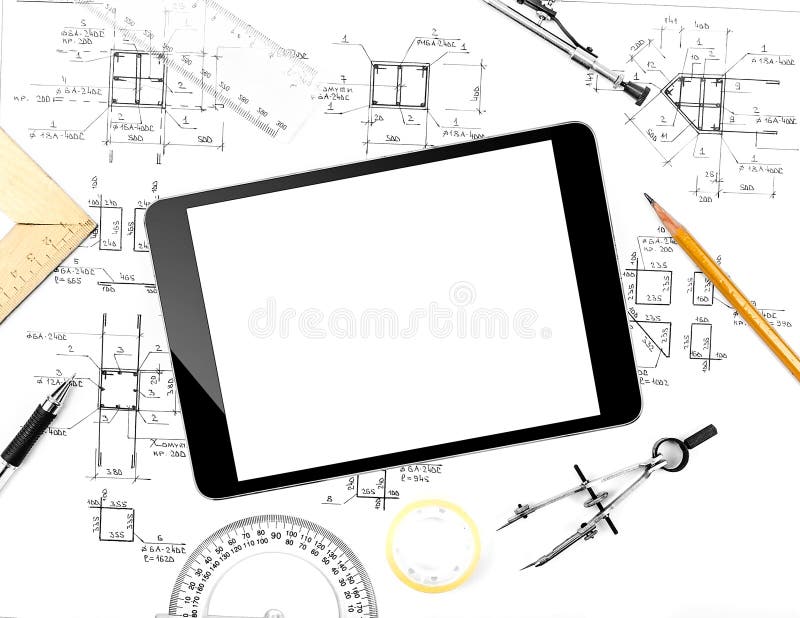Tablet Computer and Engineering Plan. Stock Photo - Image of connection ...