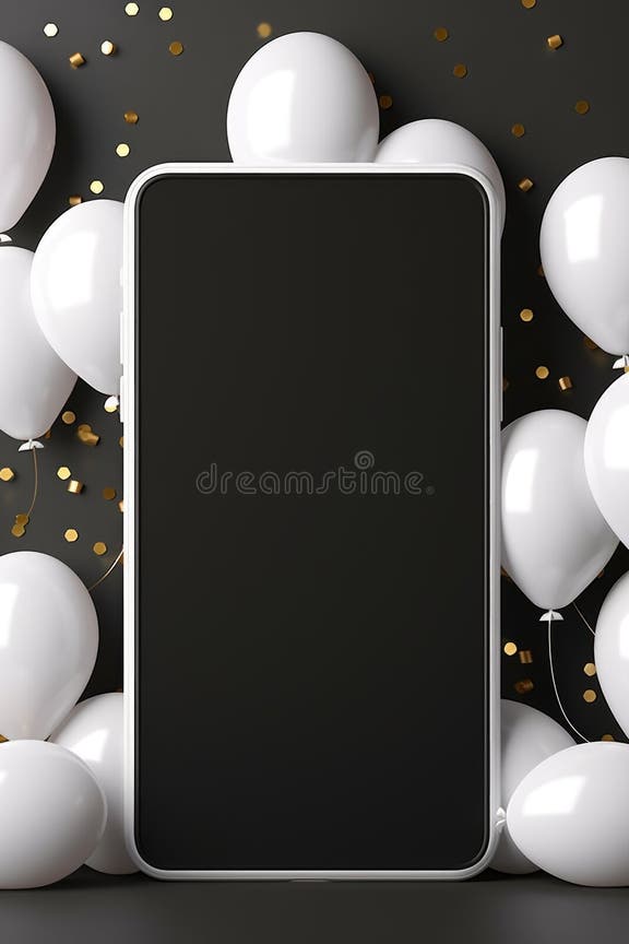 Tablet Computer and Gift Box with Balloons on Grey Table. 3 D ...