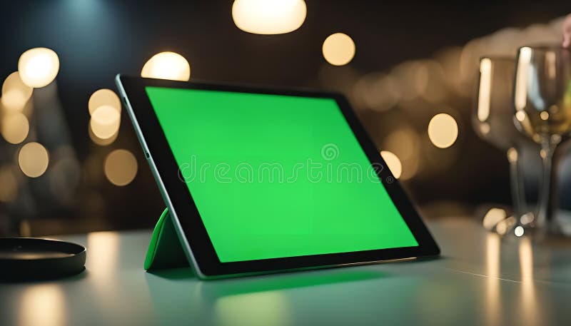 Tablet Computer with Green Screen on a Table in a Restaurant Setting ...