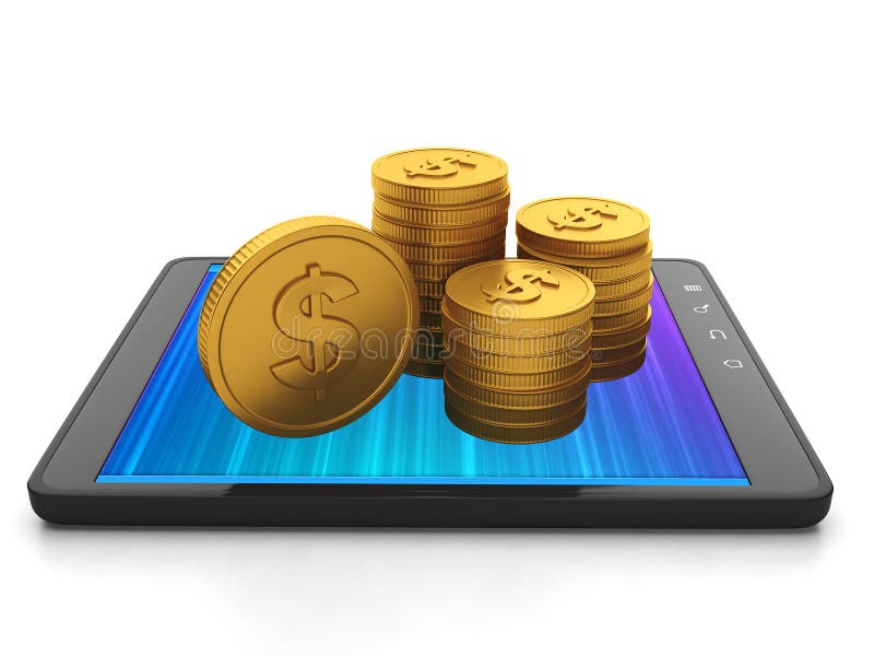 Tablet Computer and Group of Gold Coins Stock Illustration ...