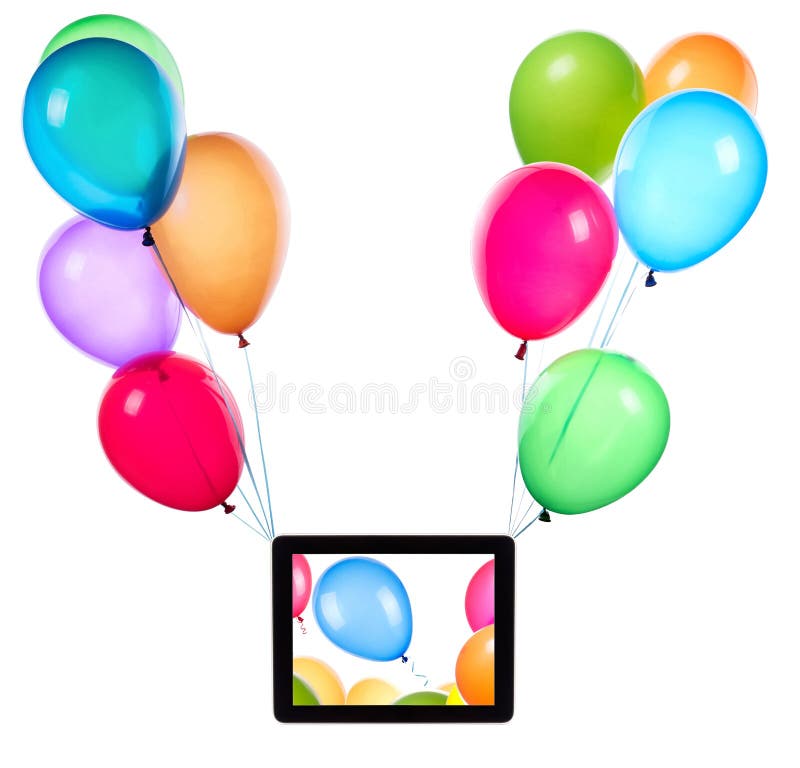 Tablet Computer Hanging on Color Balloons Stock Image - Image of ...