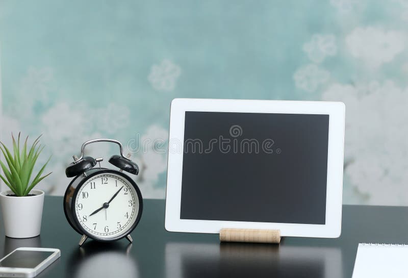 Tablet Computer, Home Plant, Notebook, Phone, Clock on the Table. Work ...