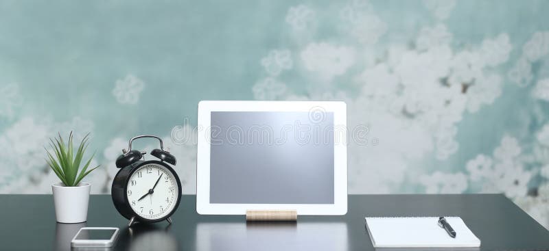 Tablet Computer, Home Plant, Notebook, Phone, Clock on the Table. Work ...