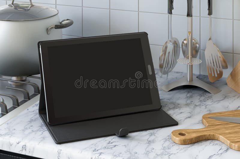 Tablet Computer on the Kitchen Table. 3D Rendering Stock Illustration ...