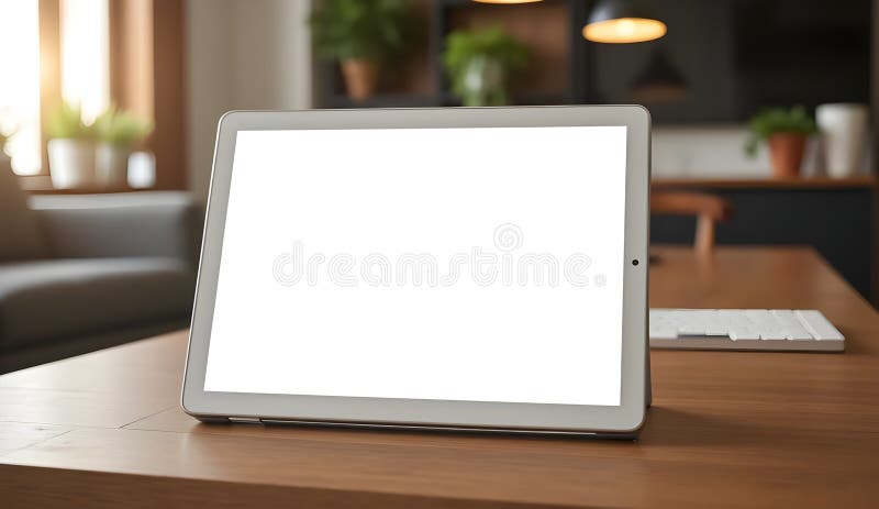 Tablet Computer Placed on a Wooden Desk with a Blurred Office ...