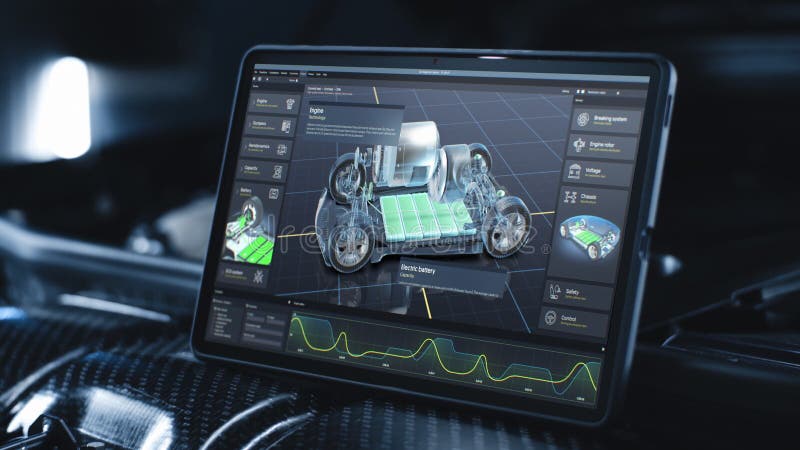 Tablet Computer Screen Shows 3D Render of Software for Car Developing ...