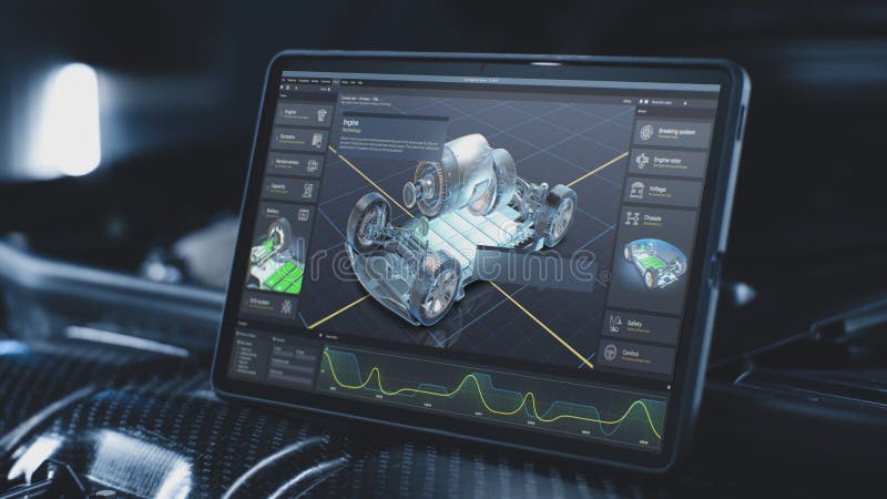 Tablet Computer Screen Shows 3D Render of Software for Car Developing ...