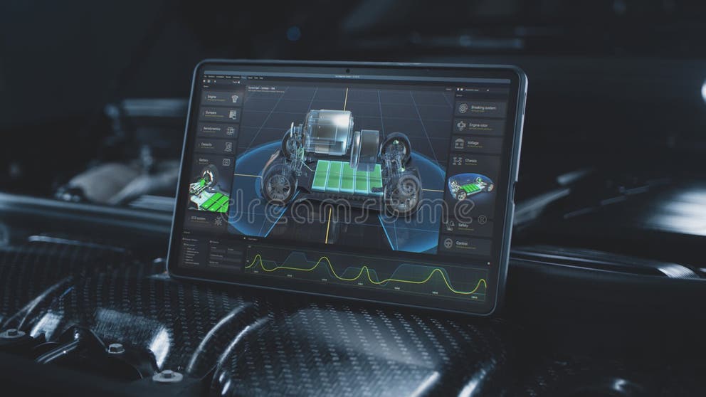 Tablet Computer Screen Shows 3D Visualization of Car Diagnostics ...