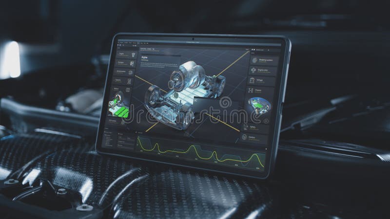 Tablet Computer Screen Shows 3D Visualization of Car Diagnostics ...