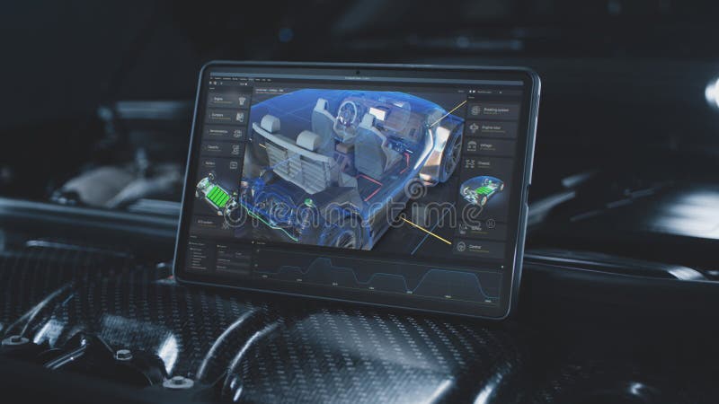 Tablet Computer Screen Shows 3D Visualization of Car Diagnostics ...