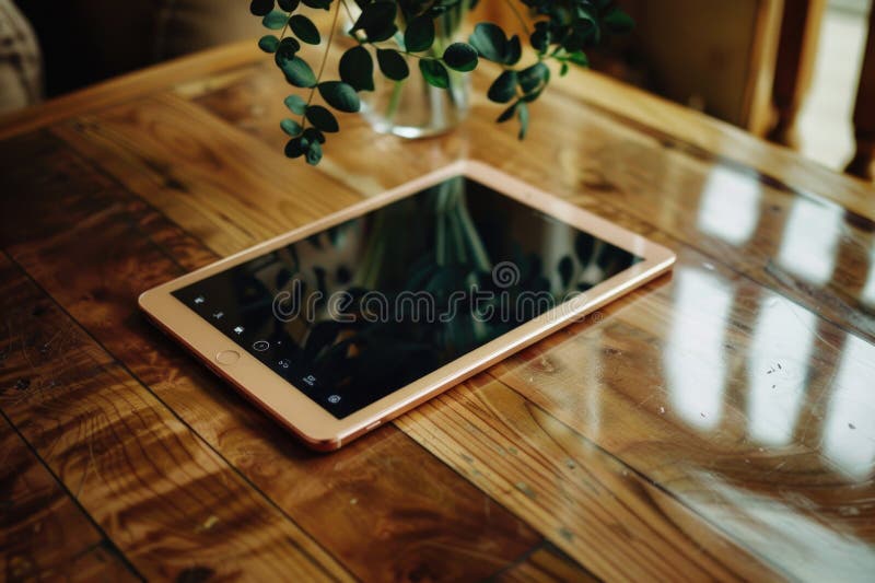 Tablet Computer Sits Wooden Table Ready Use Stock Photos - Free ...