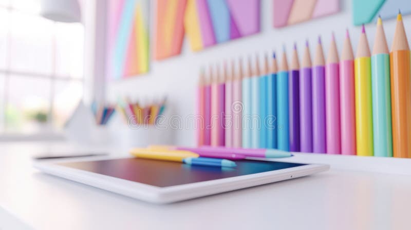 A Tablet Computer Sitting on a Desk with Many Colored Pencils, AI Stock ...