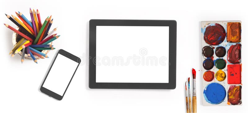 Tablet Computer and Smartphone Multi-colored Paints Art Brushes Stock ...