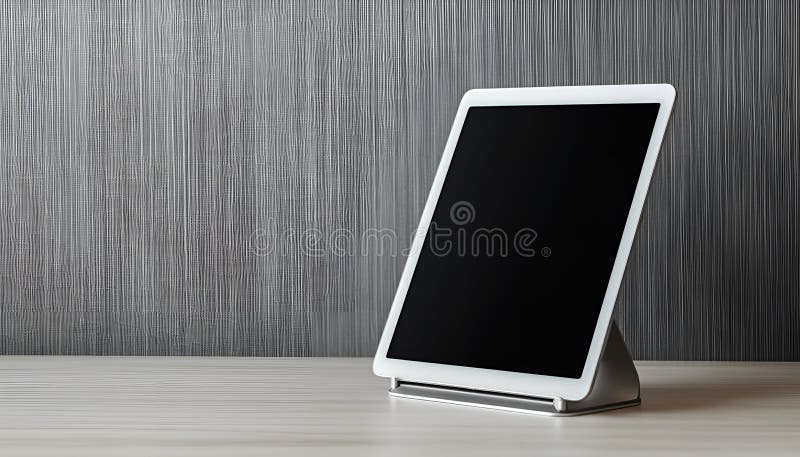 Tablet Computer in the Stand on Table Over Grunge Wall Stock Photo ...