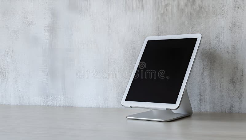 Tablet Computer in the Stand on Table Over Grunge Wall Stock Photo ...