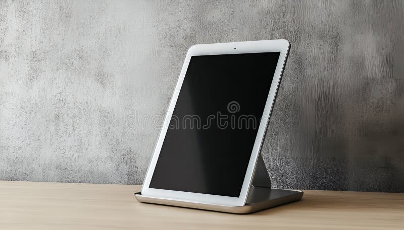 Tablet Computer in the Stand on Table Over Grunge Wall Stock Photo ...