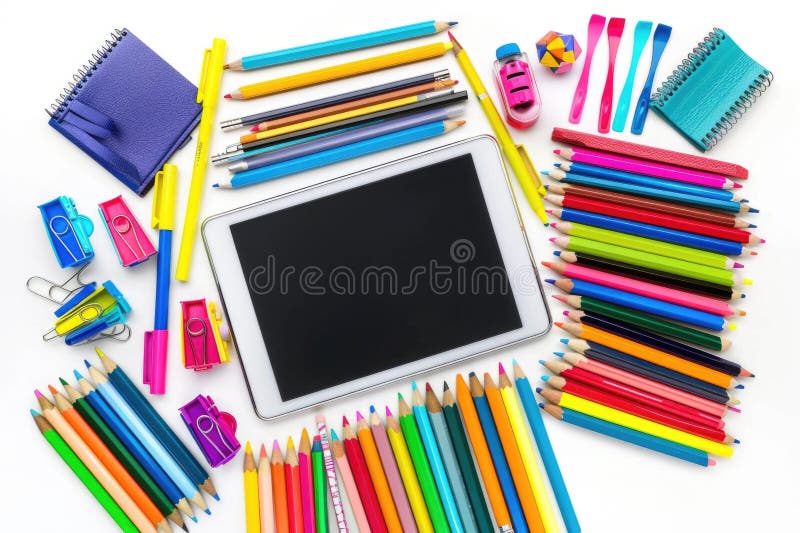 A Tablet Computer Surrounded by Various Colored Pencils Stock ...