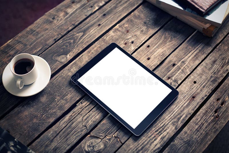 Tablet Computer on Table with Cup of Coffee Stock Image - Image of ...