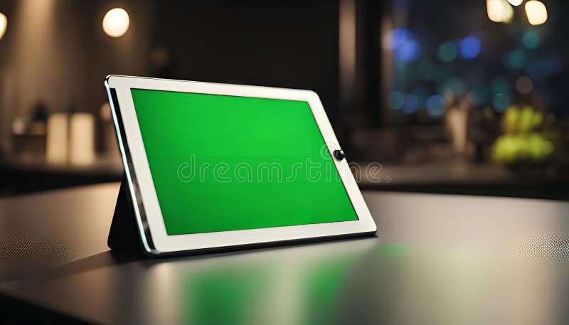 Tablet Computer on a Table with a Green Screen Stock Illustration ...