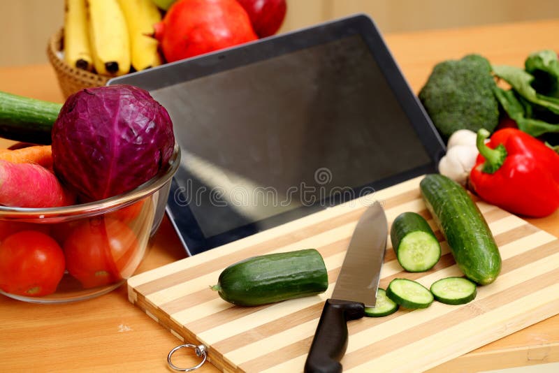 Tablet Computer with Vegetables Stock Image - Image of recipe, leaf ...