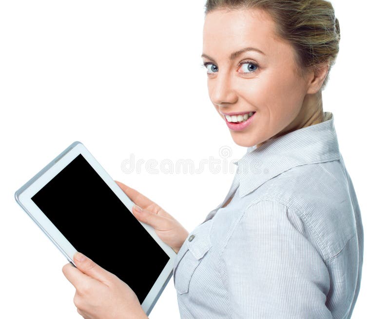 Tablet Computer. Woman Using Digital Tablet Computer PC Happy Isolated ...