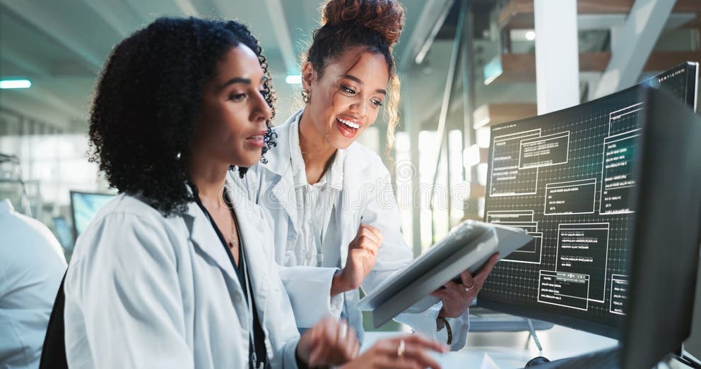 Tablet, Computer and Women in Laboratory with Teamwork for Data Analysis, Research and Advice ...