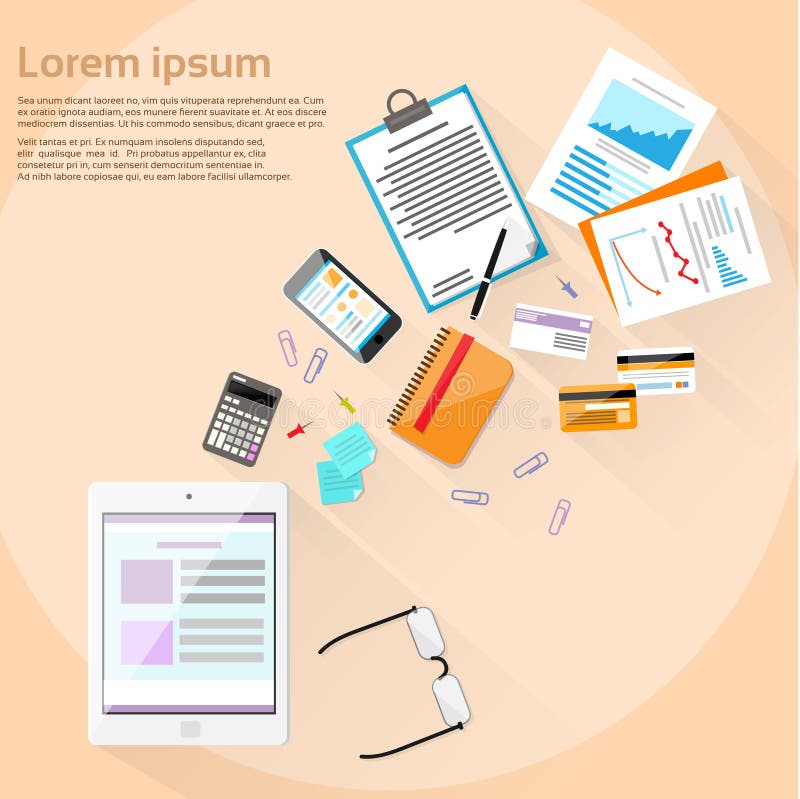 Tablet Computer Workplace Wooden Desk Finance Stock Vector ...