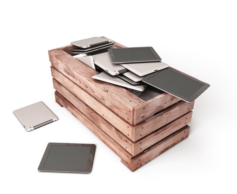 Tablet Computers are Dumped in an Old Wooden Box Stock Illustration ...