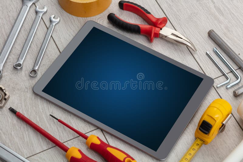 Tablet and Tools with Blueprint Concept Stock Photo - Image of hammer ...