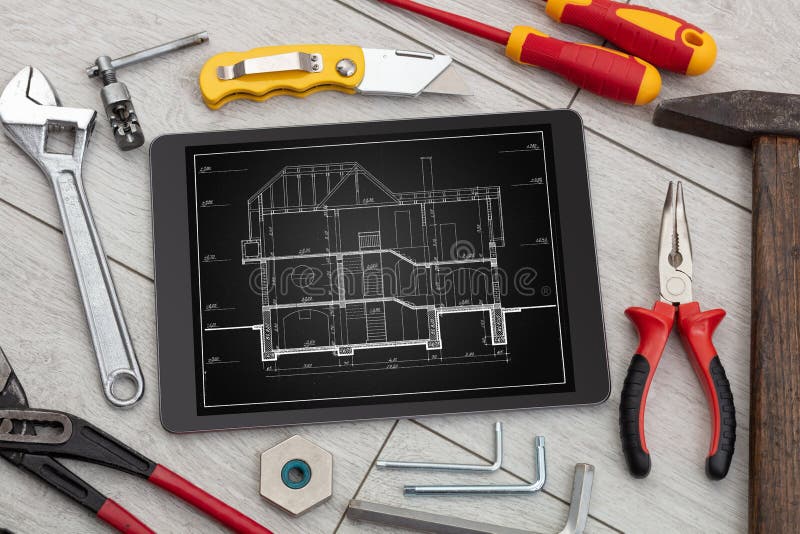 Tablet and Tools with Blueprint Concept Stock Image - Image of ...