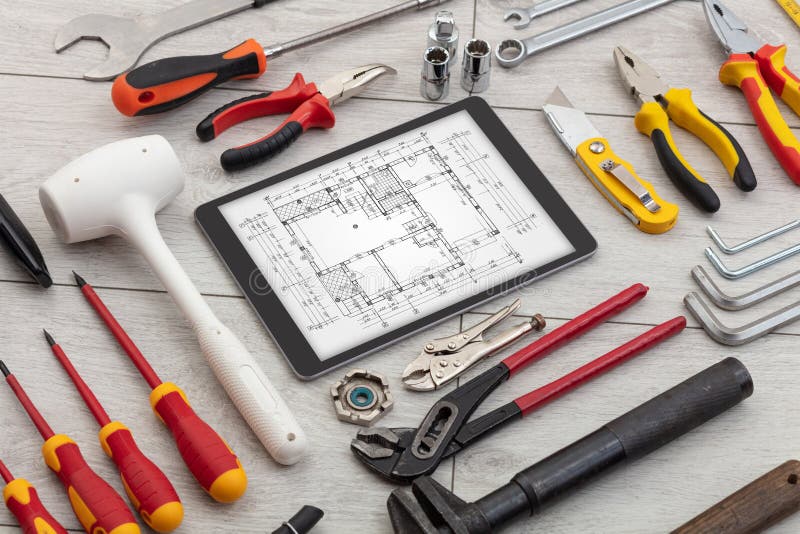 Tablet and Tools with Blueprint Concept Stock Photo - Image of hammer ...