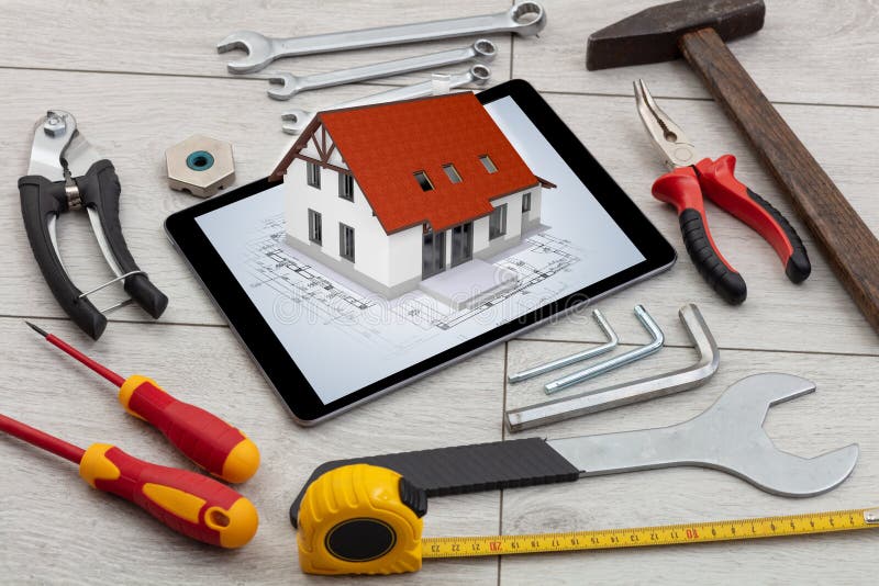 Tablet and Tools with 3d Home Plan Concept Stock Photo - Image of home ...