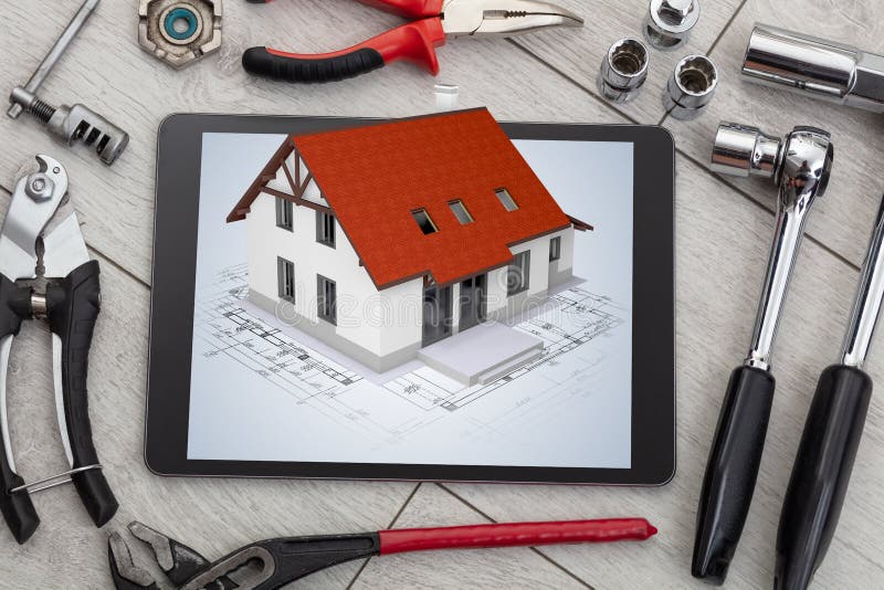 Tablet and Tools with 3d Home Plan Concept Stock Photo - Image of ...