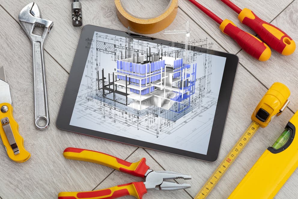 Tablet and Tools with 3d House Plan Concept Stock Image - Image of ...