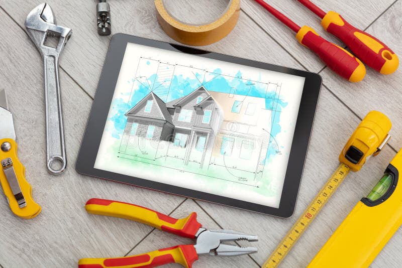 Tablet and Tools with House Plan Concept Stock Photo - Image of ...