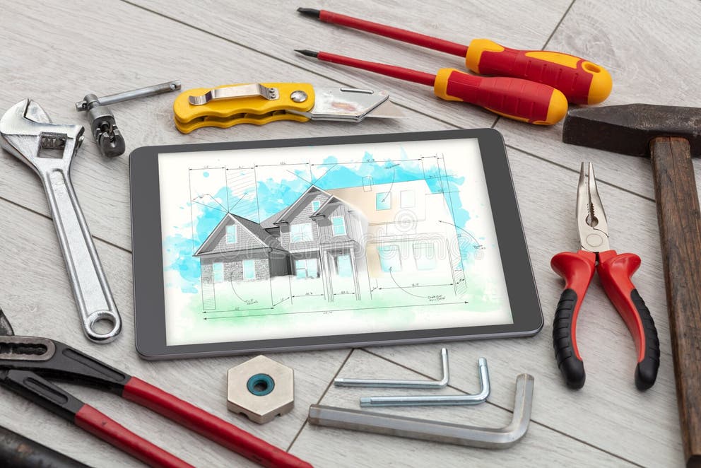 Tablet and Tools with House Plan Concept Stock Image - Image of ...