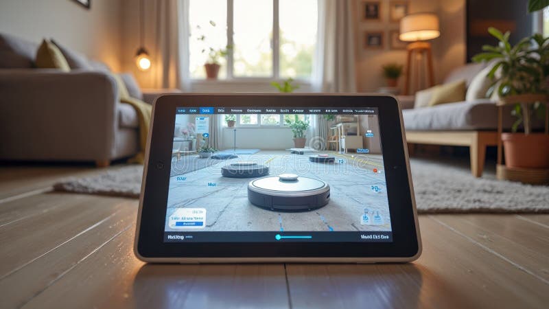 Tablet Controlling Smart Robotic Vacuums in Modern Living Room Stock ...