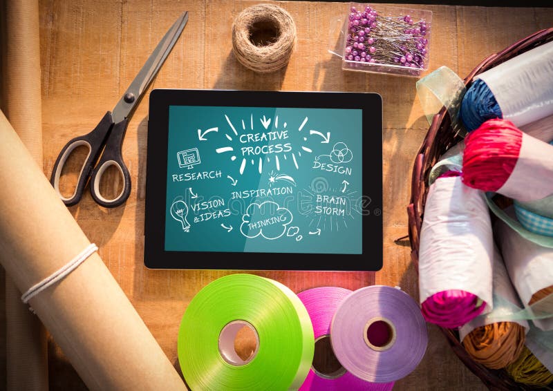Tablet on Craft Table Showing White Design Doodles Against Teal ...