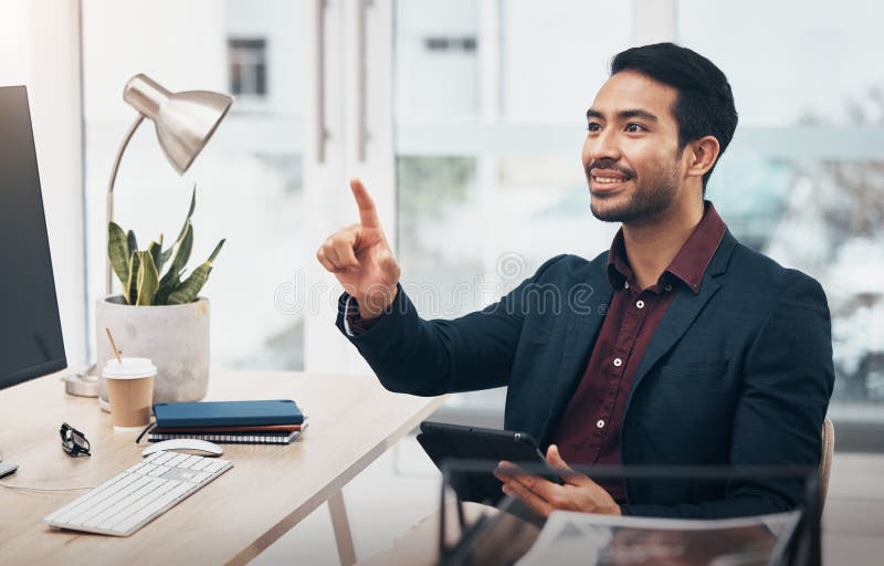 Tablet, Cyber or Happy Man Point at Virtual Web Design, Ux App ...