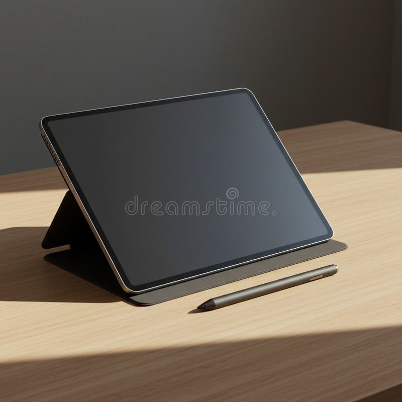 Tablet with a Dark Screen, Supported by a Slim Protective Case, Angled ...